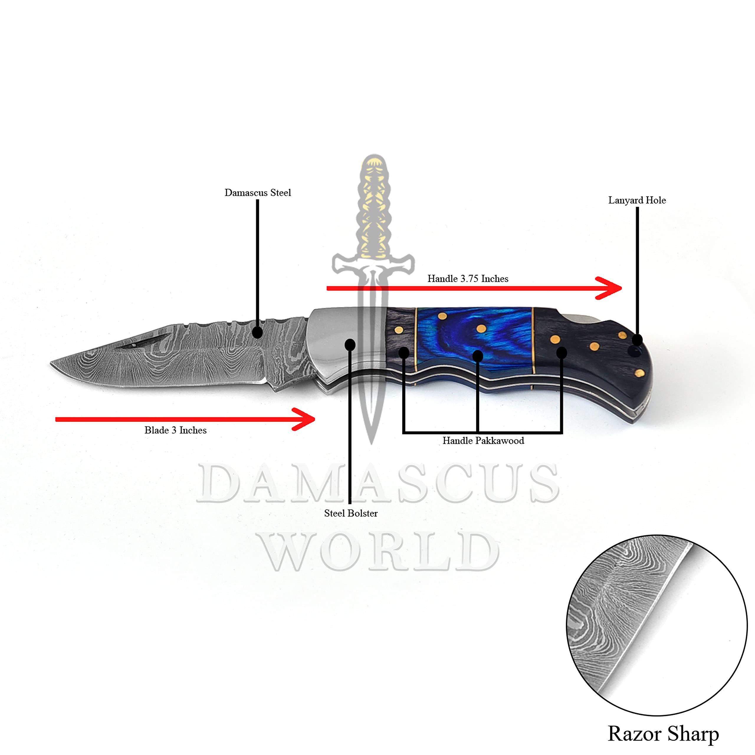 AHAFR DW-995-FLD 6.5 Inch 100% Handmade Damascus Folding Knife for Men - Folding Hunting Knife with Back Lock Leather Sheath & Knife Sharpener (Black Pakka Wood)