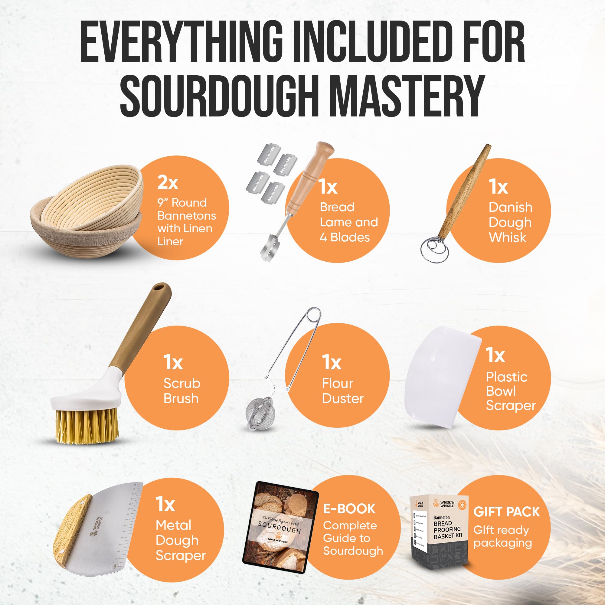 Banneton Bread Proofing Basket Set - 2x Round 9 inch Baskets Sourdough Bread Baking Supplies Sour Dough Scoring Tool - Proofing Bowls for Sourdough Bread Making Tools