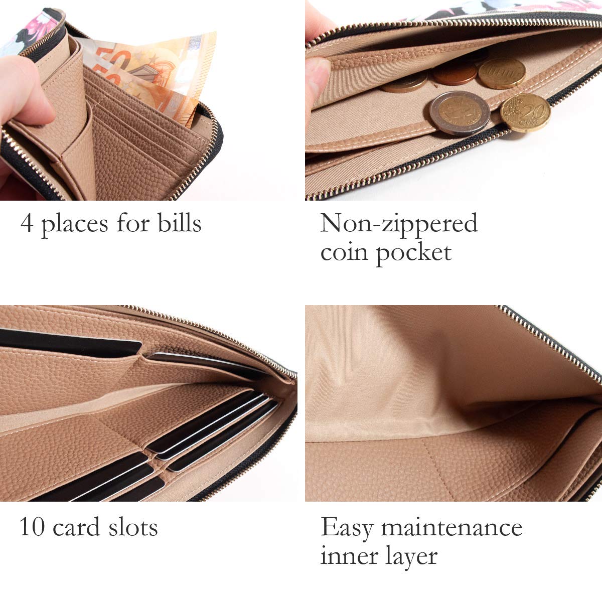 Charis HIGH FIVE Vegan Leather Botanical Floral Slim Wallet for Women Card Coin Purse Flower - Black