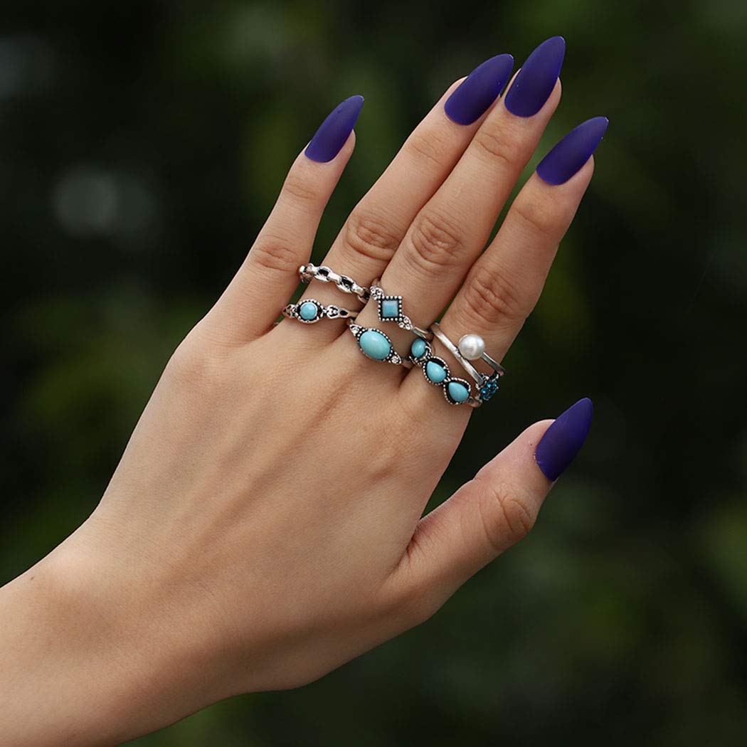 Ajacry Boho Turquoise Knuckle Ring Gold Butterfly Stackable Midi Finger Rings Set Flower Hollowing Joint Rings Set Hand Accessories for Women and Girls (8Pcs)