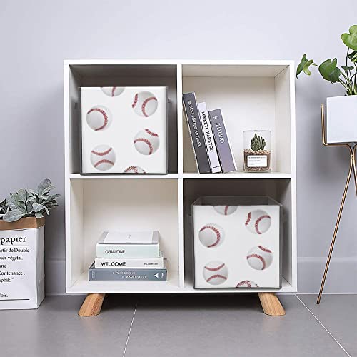 Baseball Leather Ball Storage Bins Cubes Foldable Fabric Organizers with Handles Clothes Bag Book Box Toys Basket for Shelves Closet 10.6"