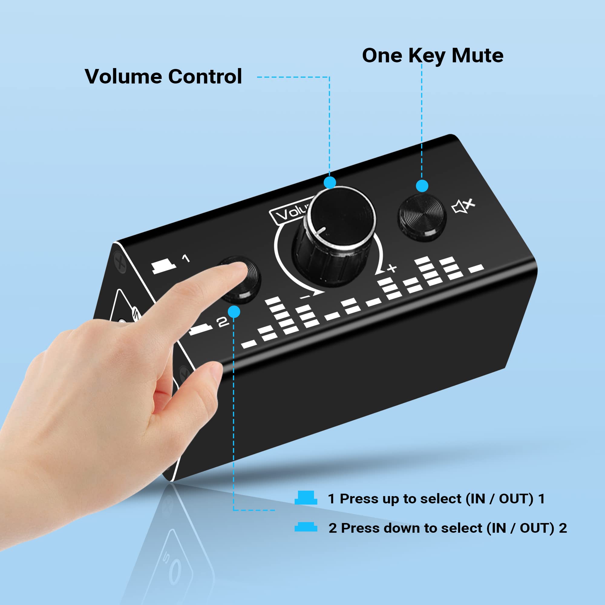 avedio links Audio Switcher Bi-Directional, 2 Way 3.5mm Aux Audio Switch Selector Box, 2 Port Audio Sharing Box, Volume Adjustable, One Key Mute for MP3, Speaker, Headphone, PC (2 in 1 Out/1 in 2 Out)