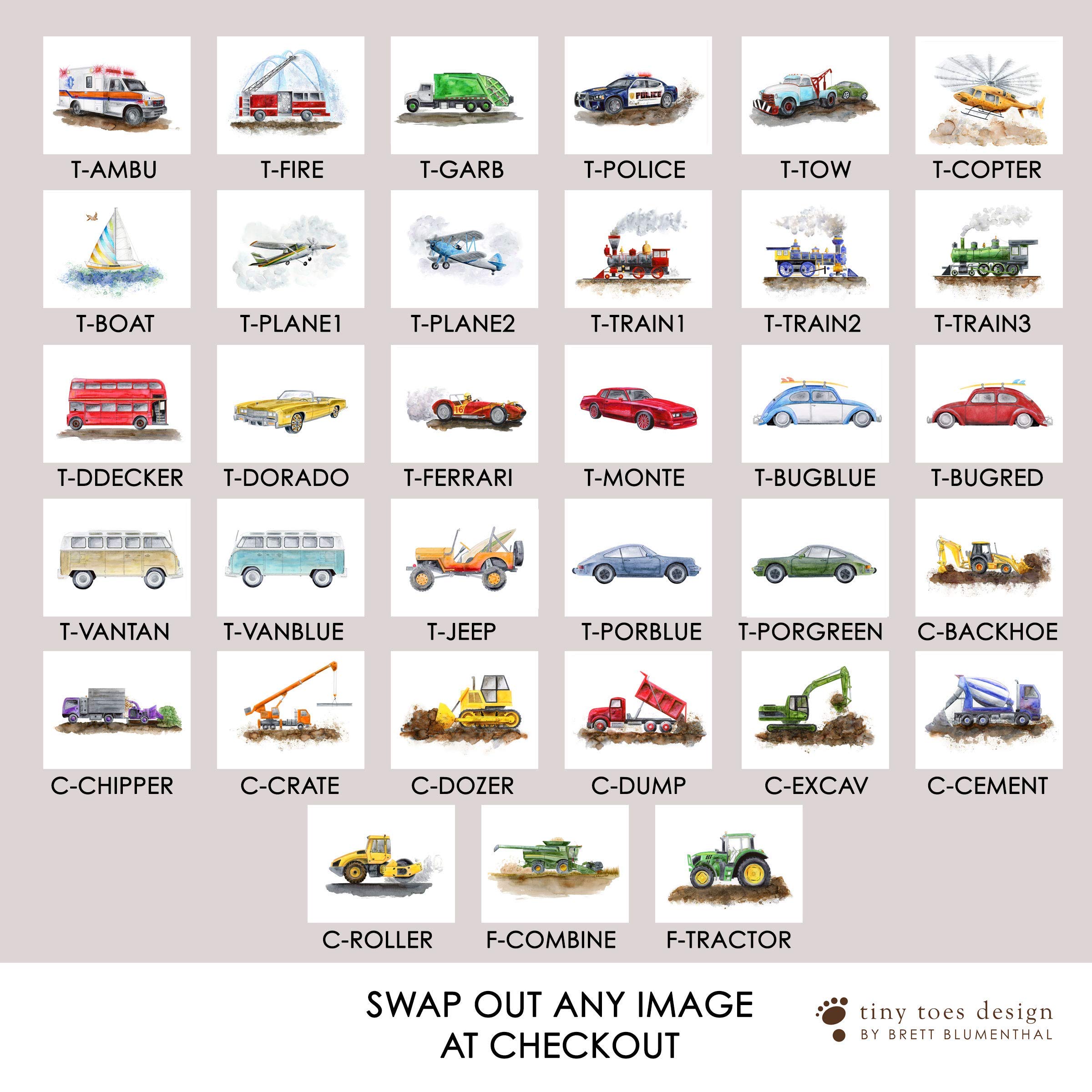 Construction Equipment Nursery Art Print Set, Set of 4 Truck Prints - Blue Cement Mixer, Green Excavator, Red Dump Truck and Yellow Bulldozer - Other Vehicles and Different Sizes Available