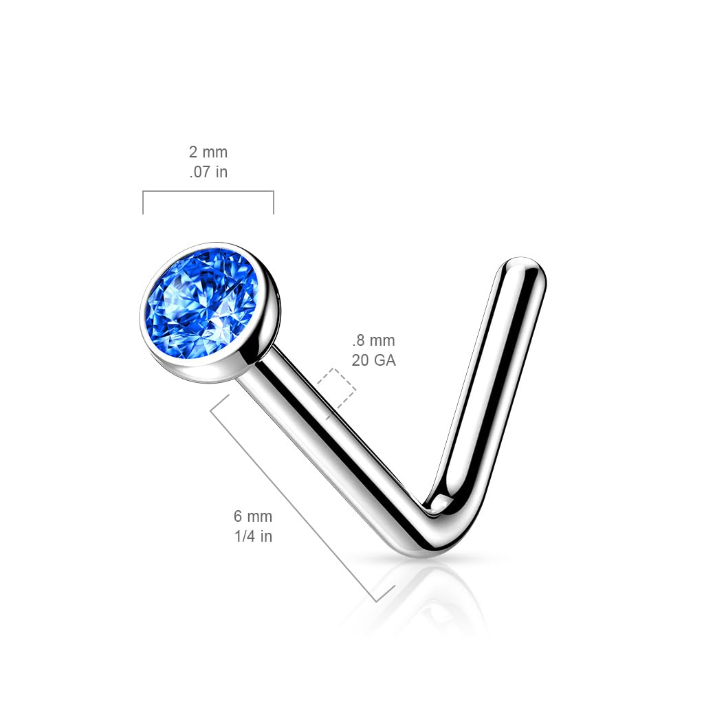 FIFTH CUE Solid Grade 23 Titanium Press Fit Cubic Zirconia 2.5mm Micro Ball Top L bend Stud Nose Ring (20G)