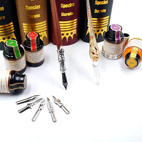 GC QUILL MU-02 Calligraphy Pen Set, Glass Dip Pen and Handcrafted Wooden Dip Pen Gift Set with 5 Colors Calligraphy Ink 6 Nibs 1 Pen Holder, Calligraphy Set for Beginners