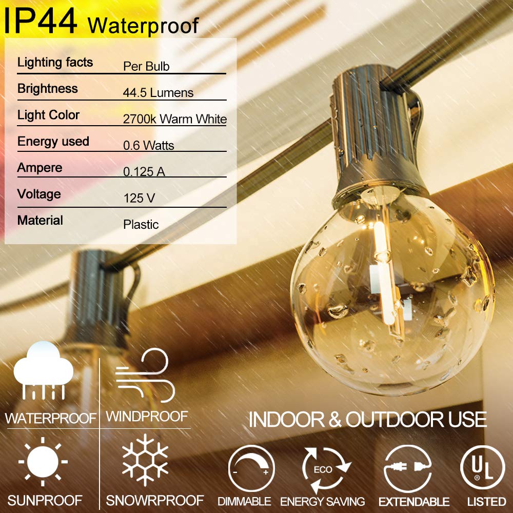 HooYan Outdoor LED String Lights Indoor Decor Lights Patio Garden Wedding Party G40 Globe Plastic Light Bulbs Waterproof Connectable Shatterproof 25Ft E12 Socket Base (50FT)
