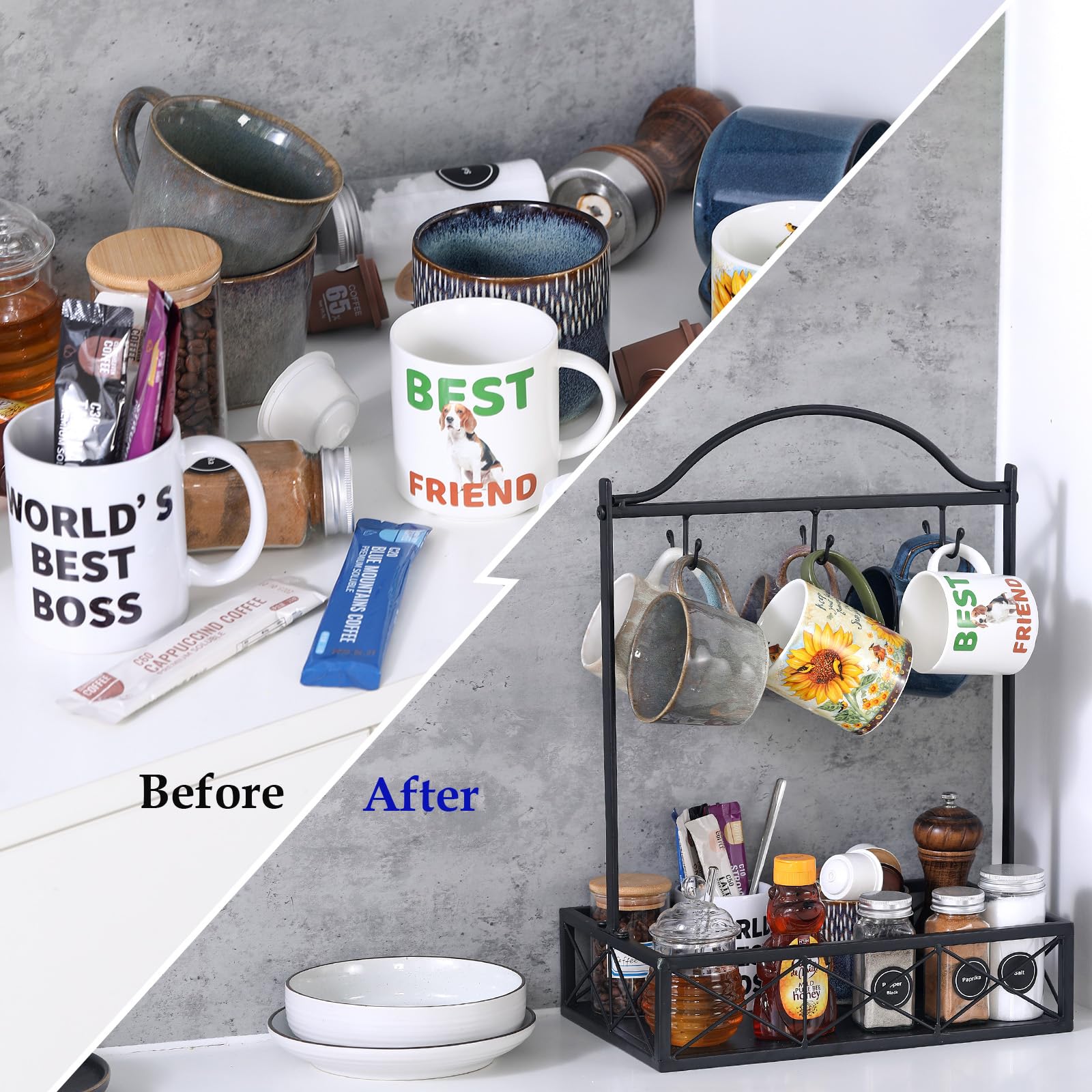 Amarfly Coffee Mug Holder, 6 Capacity Coffee Cup Holder for Countertop, Mug Tree Rack with Storage Base for Coffee Pod, Coffee Ceramic Mug, Coffee Bar Accessories, Home Storage Mug Hooks (Medium)