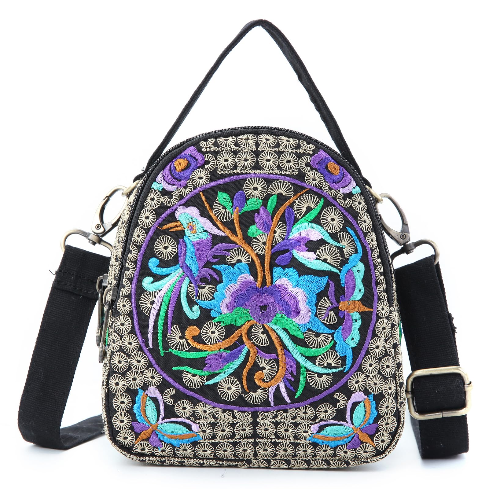Embroidery Canvas Shoulder Bag Women Vintage Boho Mini Crossbody Bag Handbag Cell Phone Pouch (Purple)