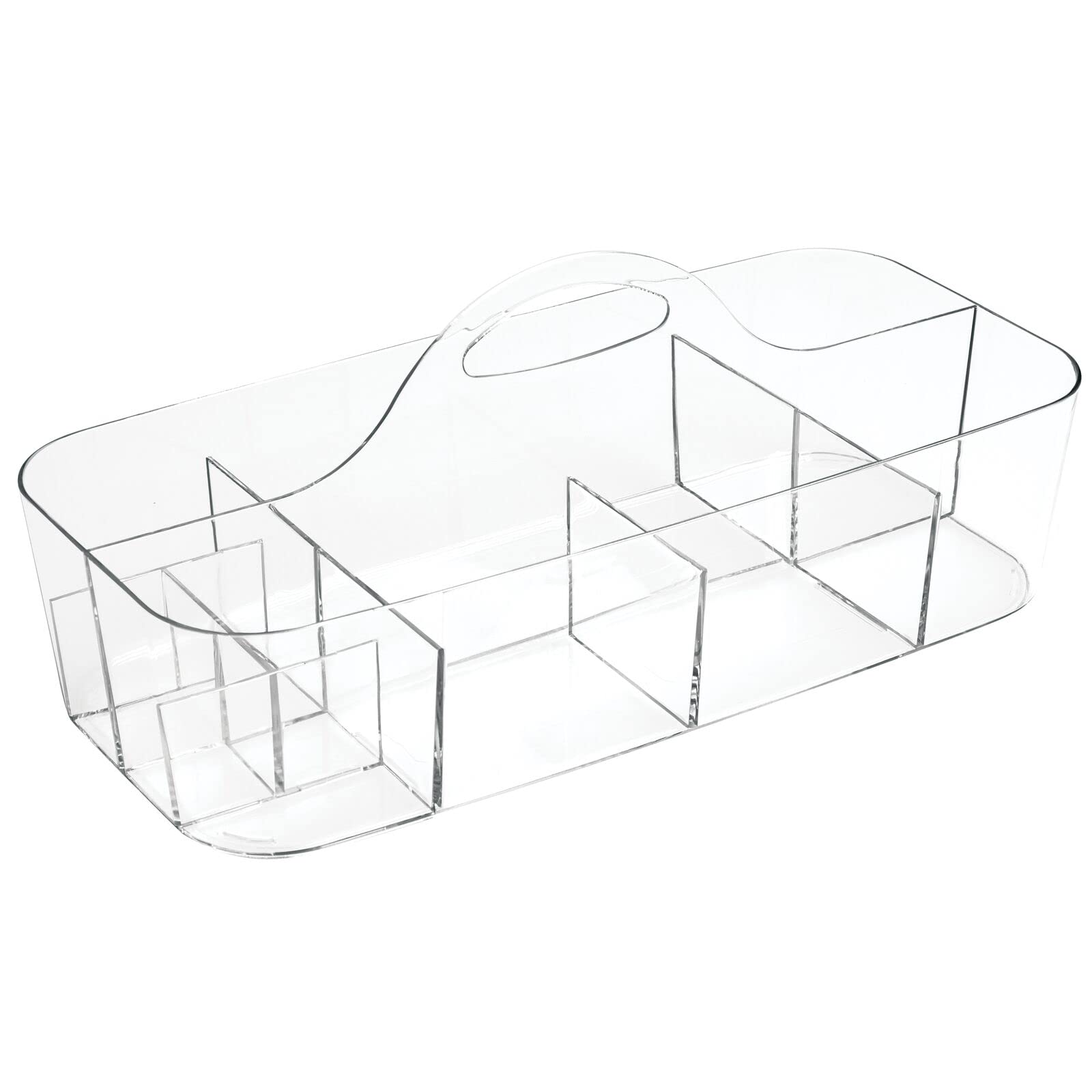 mDesign Plastic Divided Cosmetic Organizer Caddy Tote Bin with Handle, for Bathroom Vanity Storage - Holds Blush, Makeup Brushes, Palettes, Lipstick, Nail Polish - Lumiere Collection - Clear