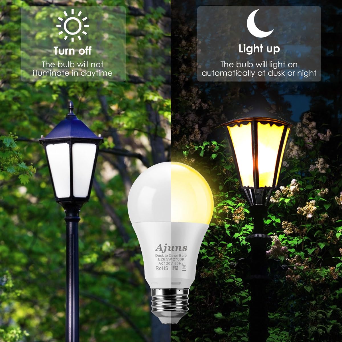 Ajuns Dusk to Dawn LED Light Bulb, Sensor Light Bulb 5W E26 Automatic On/Off Light, Porch Garage Courtyard Balcony Lighting Bulb 2700K Warm White 2Packs