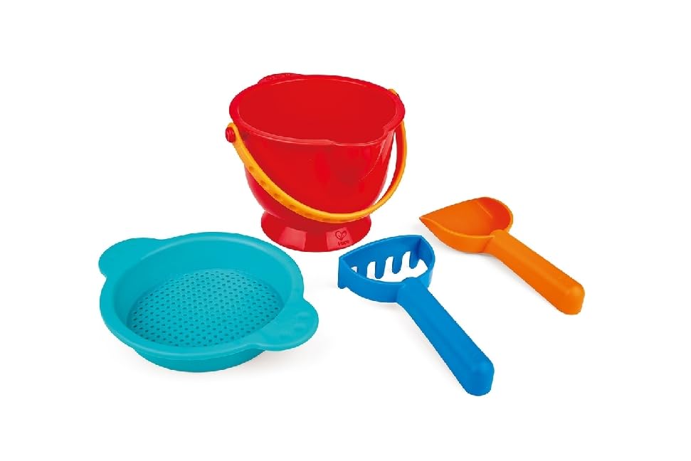 Hape Beach Basics Sand Toy Set Including Bucket Sifter, Rake, and Shovel Toys| Sand Toy Playset for Toddlers 18M+