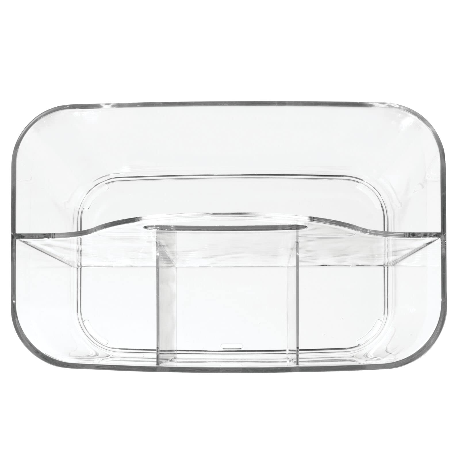 mDesign Plastic Makeup Storage Organizer Caddy Tote, Divided Basket Bin, Handle for Bathroom, Holds Eyeshadow Palettes, Nail Polish, Brushes, Shower Essentials, Small, Lumiere Collection - Clear