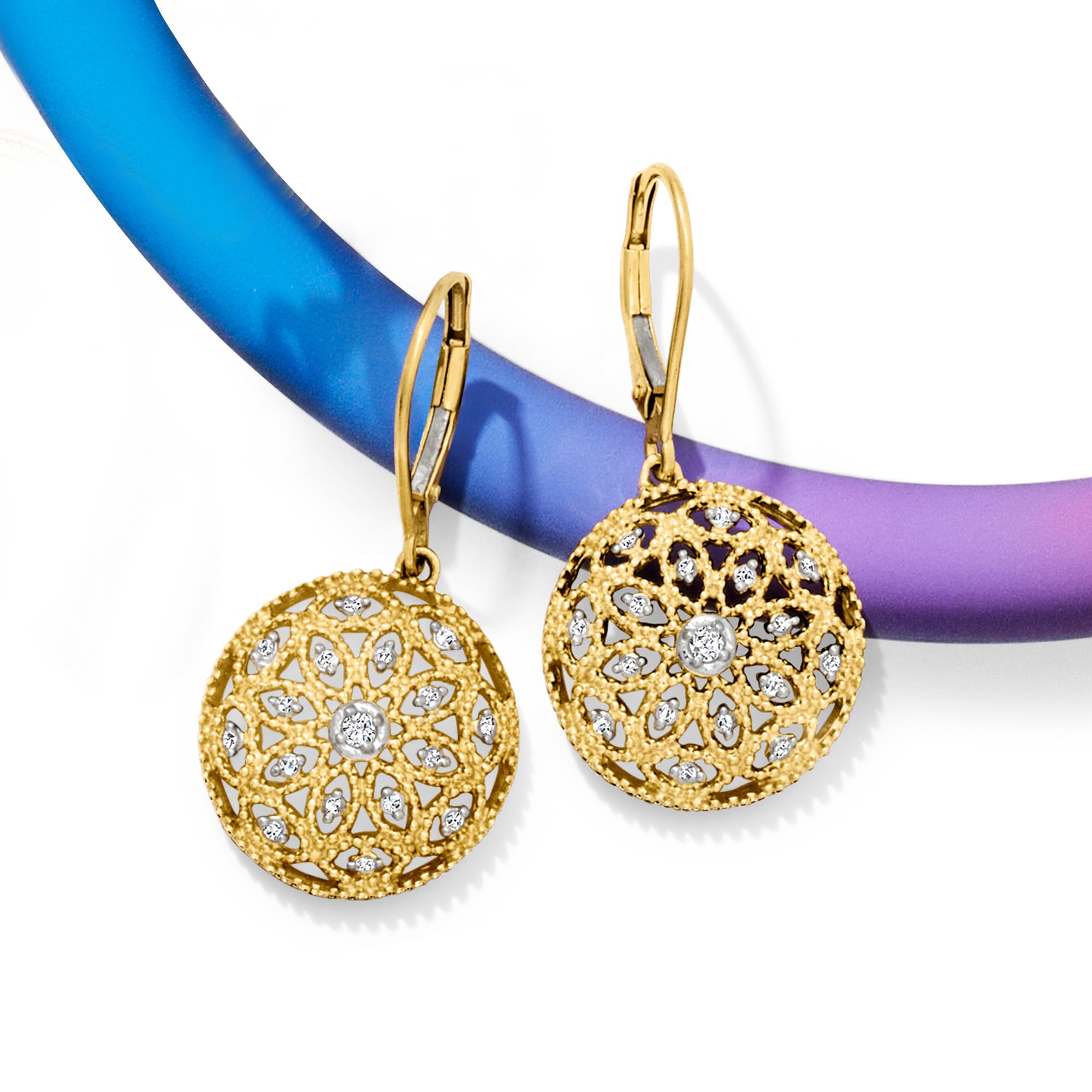 Ross-Simons 0.10 ct. t.w. Diamond Circle Drop Earrings in 18kt Gold Over Sterling