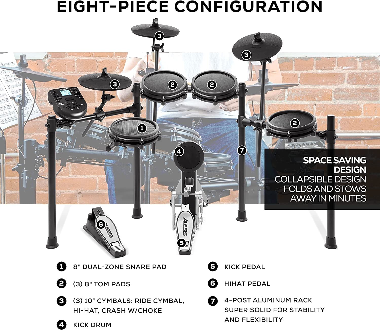 Alesis Drums Nitro Mesh Kit & Strike Amp 8 Bundle - Eight Piece Mesh Electric Drum Set With 385 Drum Kit Sounds and 2000W Drum Amplifier