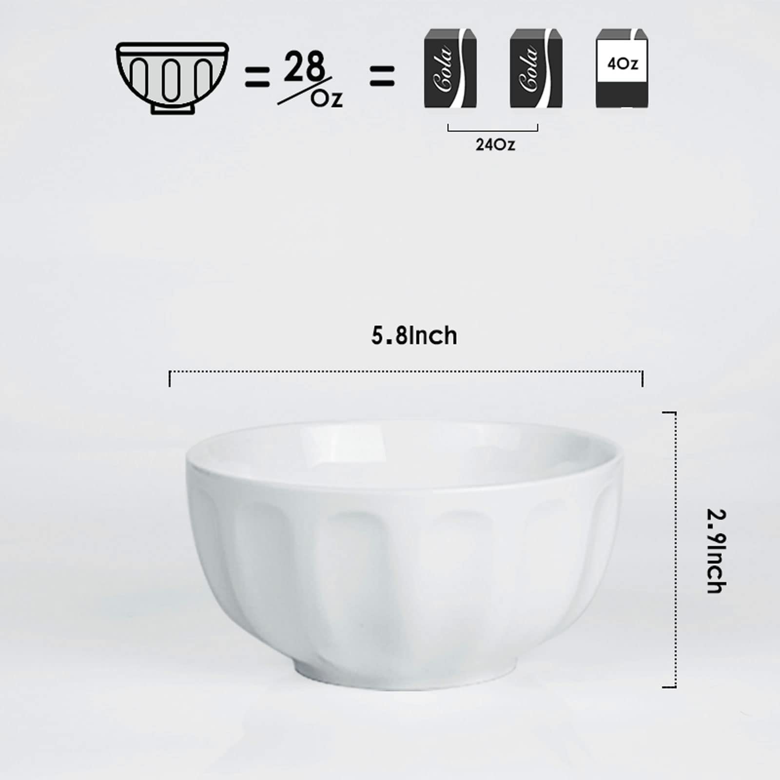 amhomel Porcelain Deep Bowls, 26 Ounce for Cereal, Soup, Side Salad, Rice and Ramen, Microwave and Dishwasher Safe, Fluted Bowls Set of 6(White, 6 Inch)