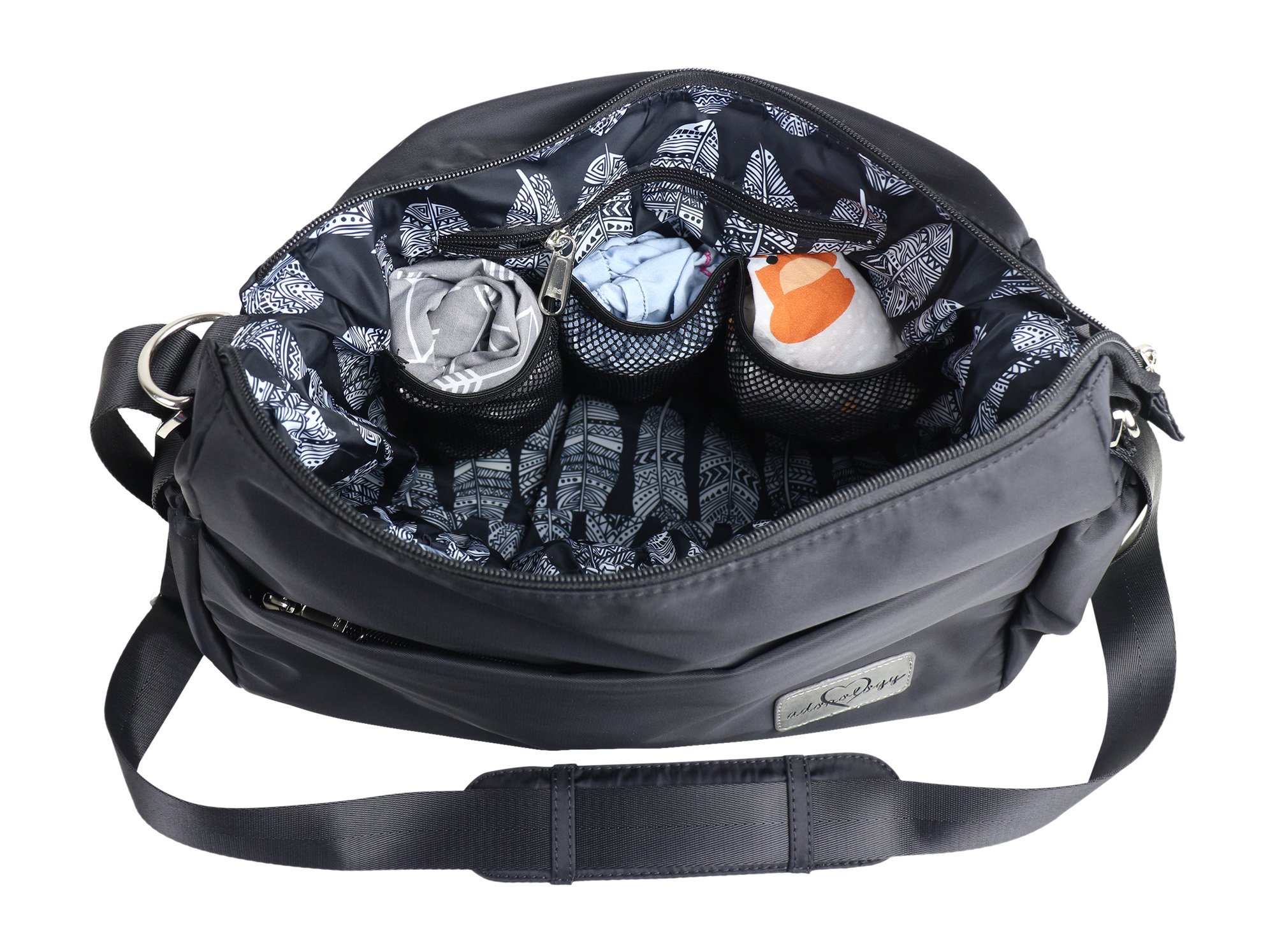 Purse Diaper Bag in Black Nylon with Matching Changing Pad Stroller Straps Premium Zippers 11 Pockets Insulated for Baby Bottles Crossbody Silver Tone Hardware Spacious Perfect for Moms on The Go