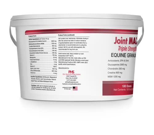 Joint MAX Triple Strength EQ GRANULES for Horses - Support Joint Health - Glucosamine, Chondroitin - Vitamins, Minerals, Omega 3 Fatty Acids, Antioxidants - 180 Doses