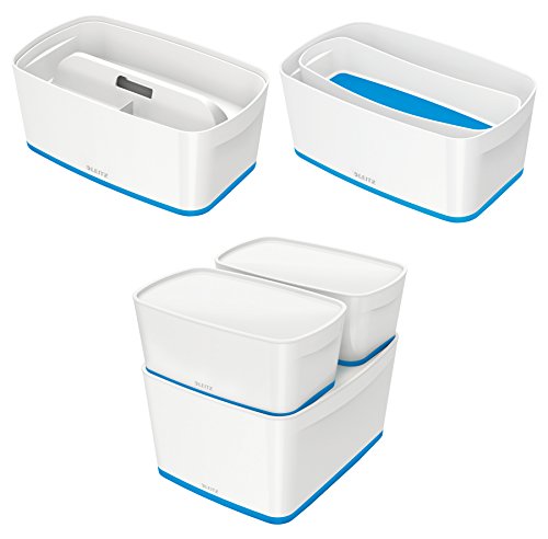 Leitz A5 MyBox Small with Lid, Storage Box for Home and Office, 5 L, High Gloss, Plastic, White/Blue Metallic;MyBox