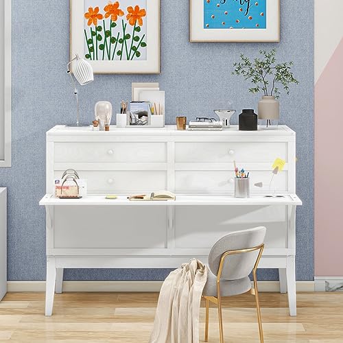 DNChuan Queen Size Murphy Bed with Desk,Built-in Charging Station and Shelf,Foldable Cube Cabinet,White