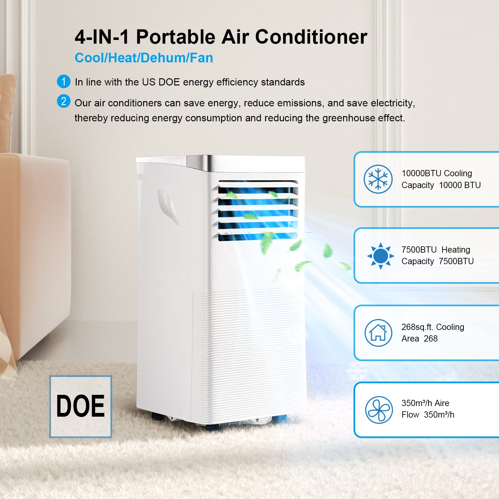 AOXUN 10000BTU Portable Air Conditioner and Heater Dehumidifier and Fan with Remote Control, 4-IN-1 Portable AC Unit For Room, Office, Dorm, Bedroom (Window Venting Kit Included)