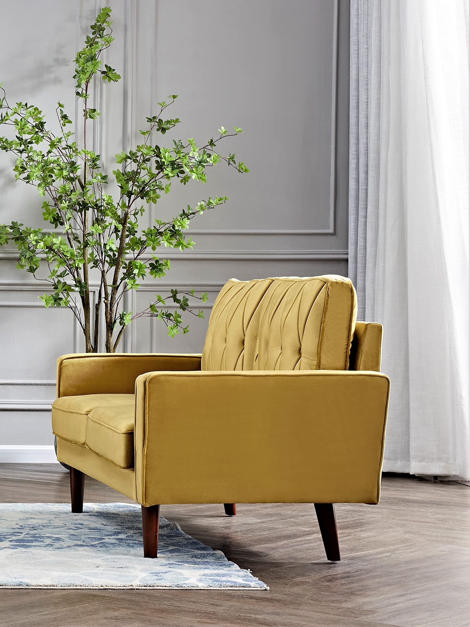 Container Furniture Modern Style Tufted Velvet Couch for Living Room with Soft Fabric Upholstery and Solid Wood Frame, 57.5'' Wide Loveseat, Yellow Green