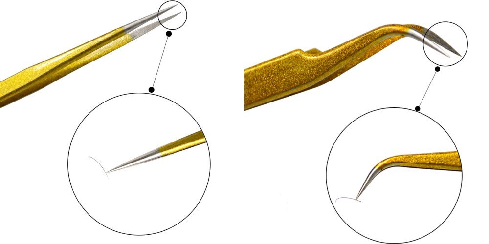 yueton 2pcs Gold Color Coated Stainless Steel Straight and Curved Head Tweezers with Leather Case for Eyelash Extension