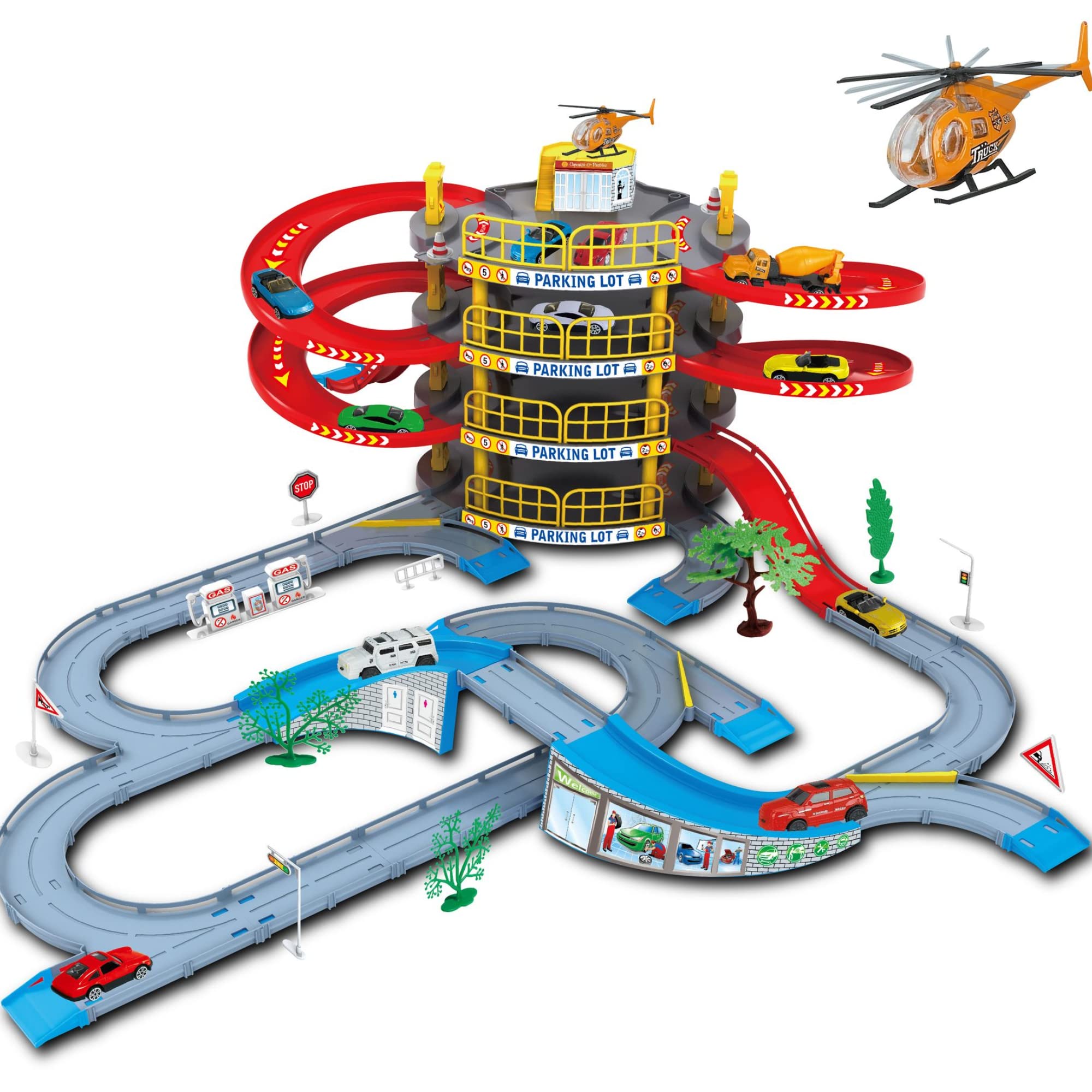 Garage Toy Set Car Vehicle Building Parking Lot Race Tracks for Boys with 1 Helicopter and 2 Random Cars Durable Garage Playset for Boys, Kids, Toddler Great Race Track Perfect Car Track (4 level red)