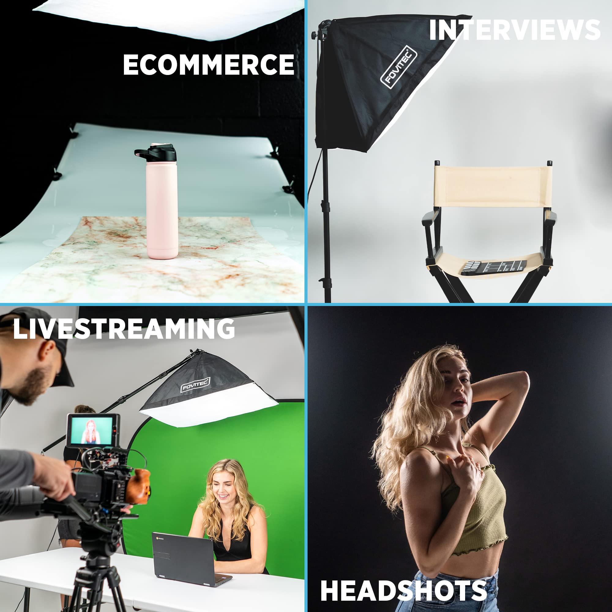 Fovitec 2-Light Fluorescent Studio Lighting Kit, 20"x28" Quick Setup Softboxes, 650W Continuous Light and Stands for Portraits, Product Photos, Vlogging, Video Conferencing, and Live Streaming