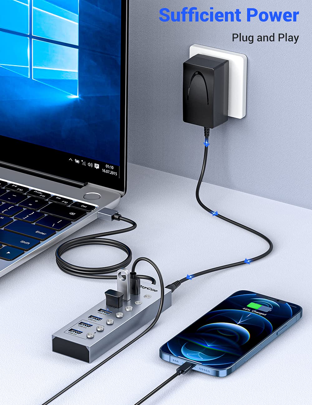 Powered USB 3.0 Hub, Aluminum 7-Port USB Data Hub Splitter with 5V/3A AC Adapter and Individual On/Off Switches, USB Hub Powered Charging for MacBook Pro/Air, PC, Laptops, Surface Pro,HP, etc