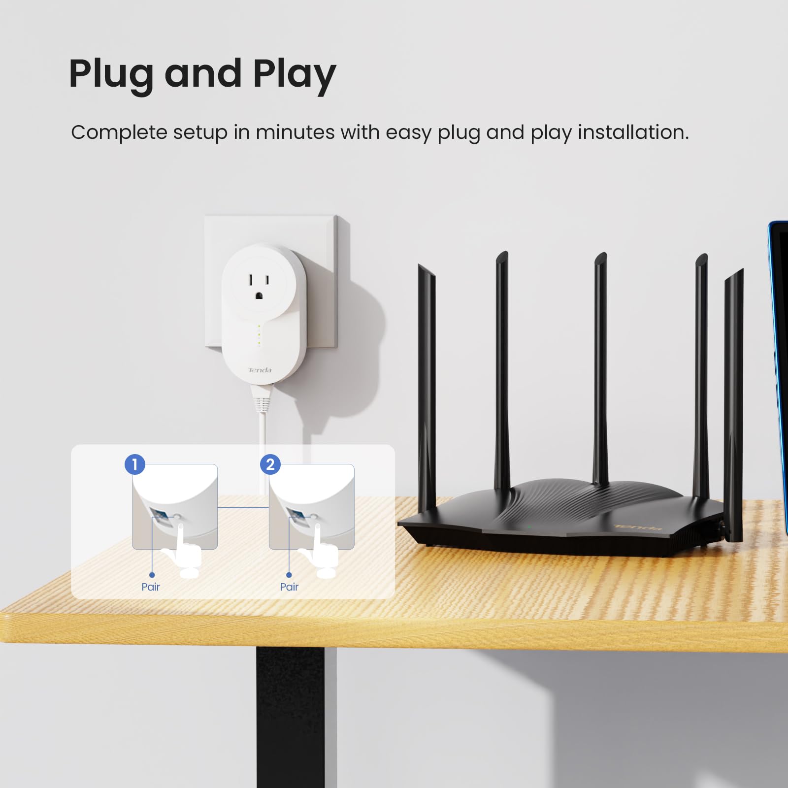 Tenda AV1000 Powerline Etherne Adapter Kit with Gigabit Ports, Ethernet Over Power, Plug&Play, Power Saving, Power Outlet Passthrough, Ideal for Gaming (PH6)