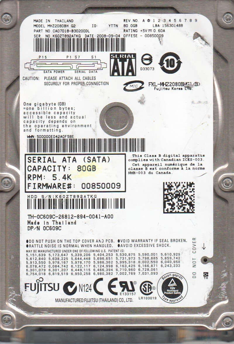 MHZ2080BH G2, PN CA07018-B30200DL, Fujitsu 80GB SATA 2.5 Hard Drive