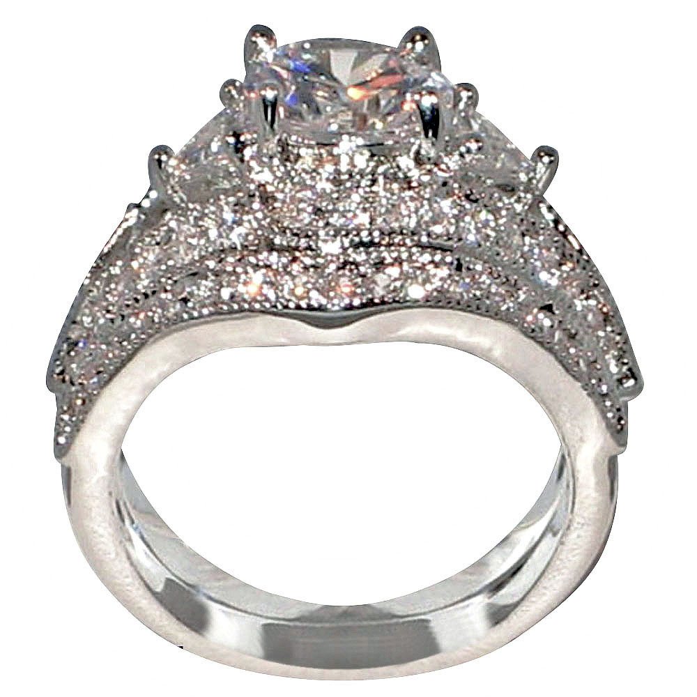 Antique Style Queen Victoria 2.94 Ct. Round-Shape and Triangle-Shape Cz Cubic Zirconia Engagement Bridal Wedding 2 Pc. Ring Set (Center Stone is 2 Cts.) (7.5)
