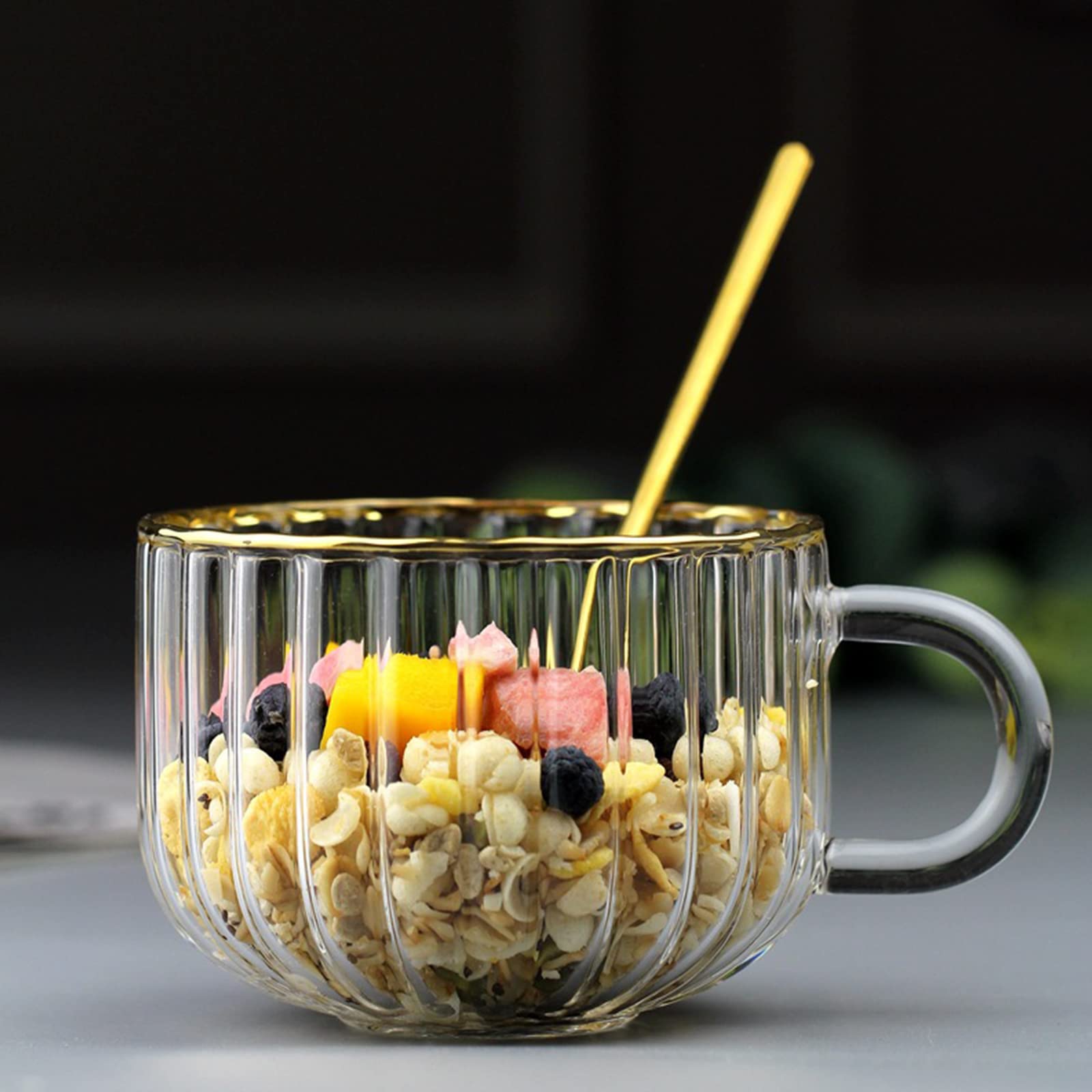 amokk Clear Glass Mugs Tea Cup and Saucer with Spoon for Coffee, Milk, Tea 15 Oz