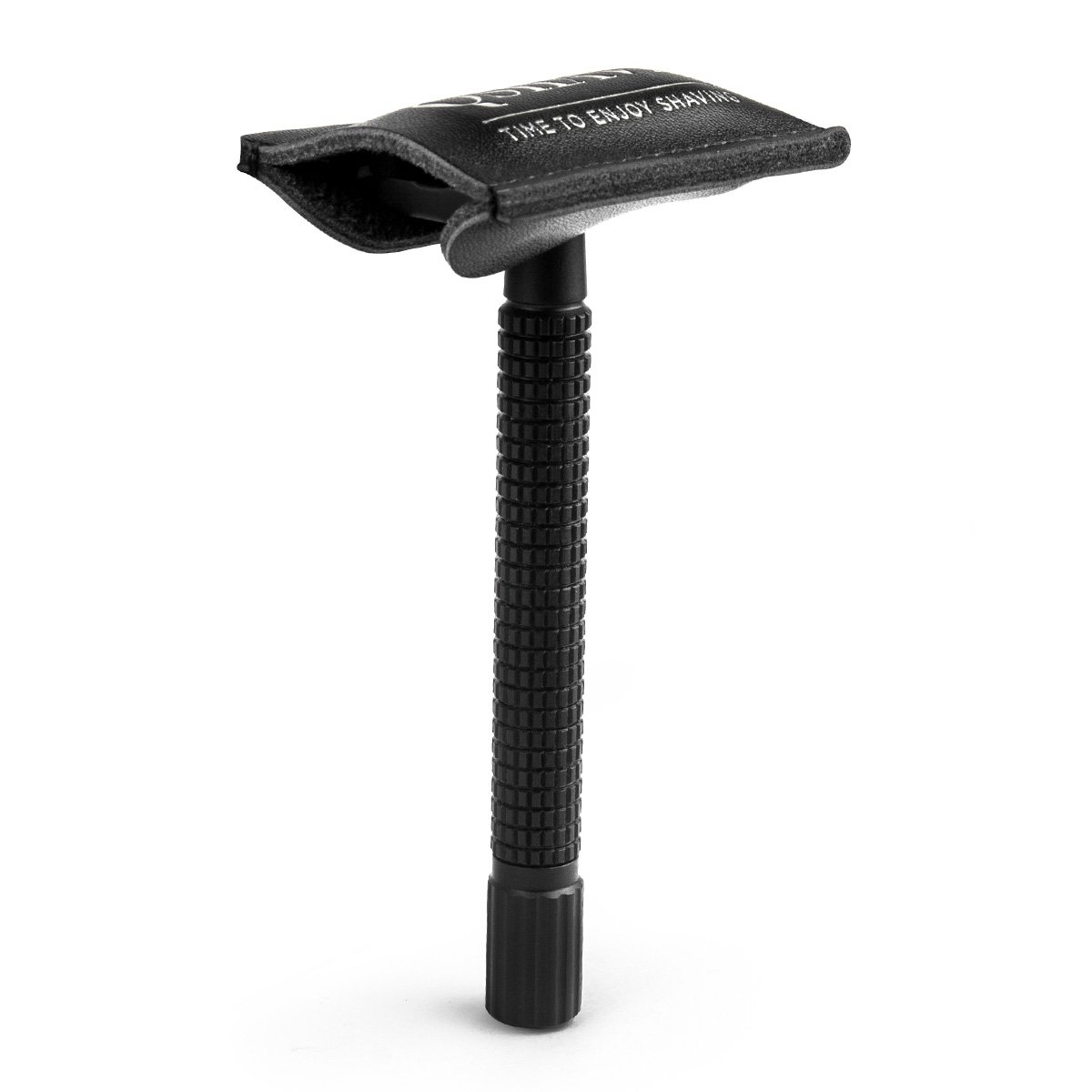QSHAVE Double Edge 4 inch Long Handle Safety Razor for Men or Women Twist Butterfly Open Matte Black Steel Coating (1 Razor + 5 pcs Titanium Coated Blades + Leather Travel Case)