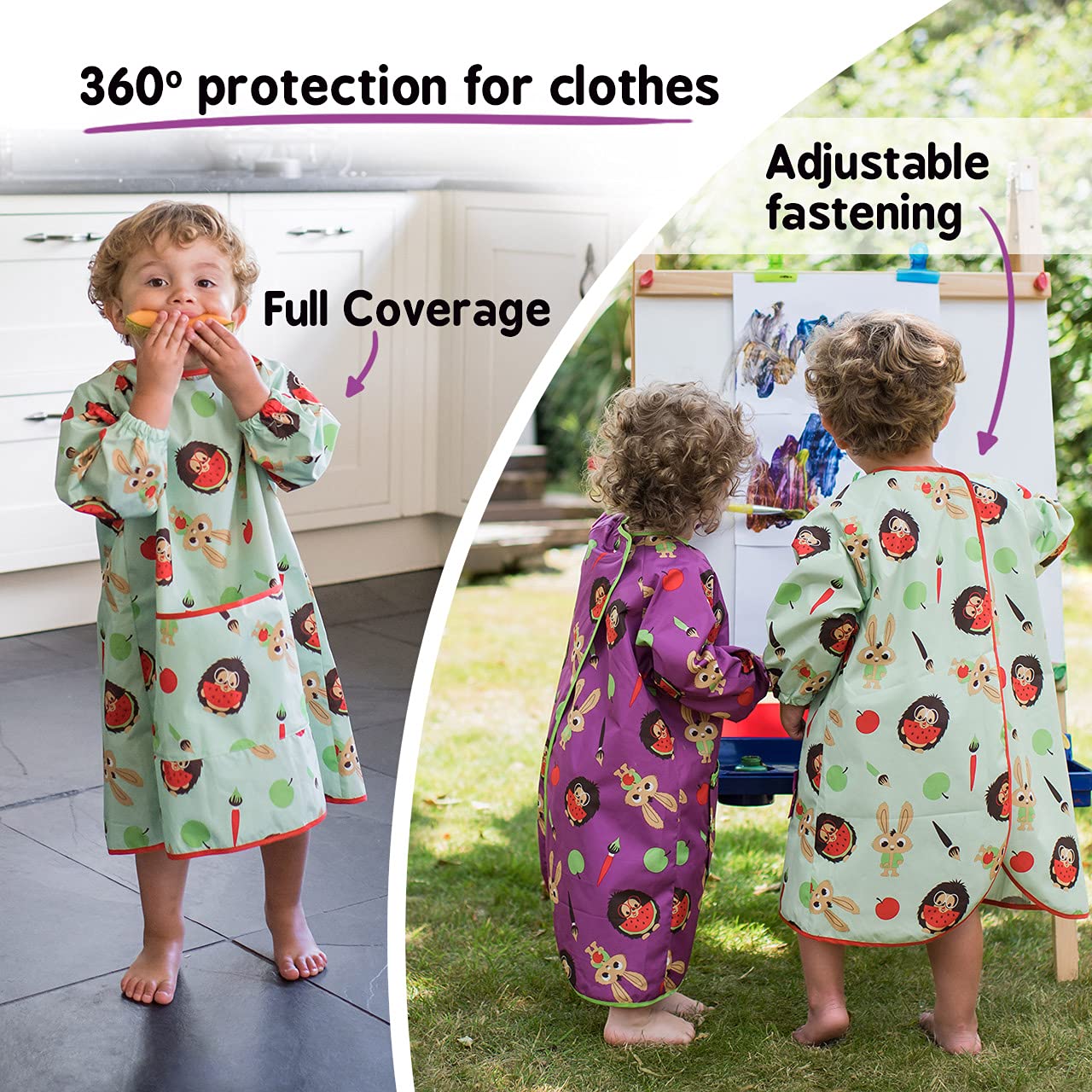 Tidy Tot - Long Baby Bib - Mess Proof Long Sleeve Feeding Smock with Large Food Catcher Pocket - Waterproof Bib – Machine Washable. Fits 6-24 months - Purple