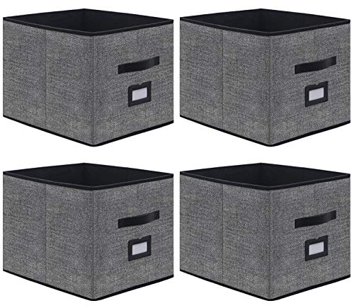 Onlyeasy Large Foldable Cloth Storage Cubes 4 Pack with Label Holders - Fabric Storage Bins Baskets Organizers for Home Office Nursery Cubby with Leather Handles, 13Wx15Dx13H Inch, Black, MXABXL04PLP