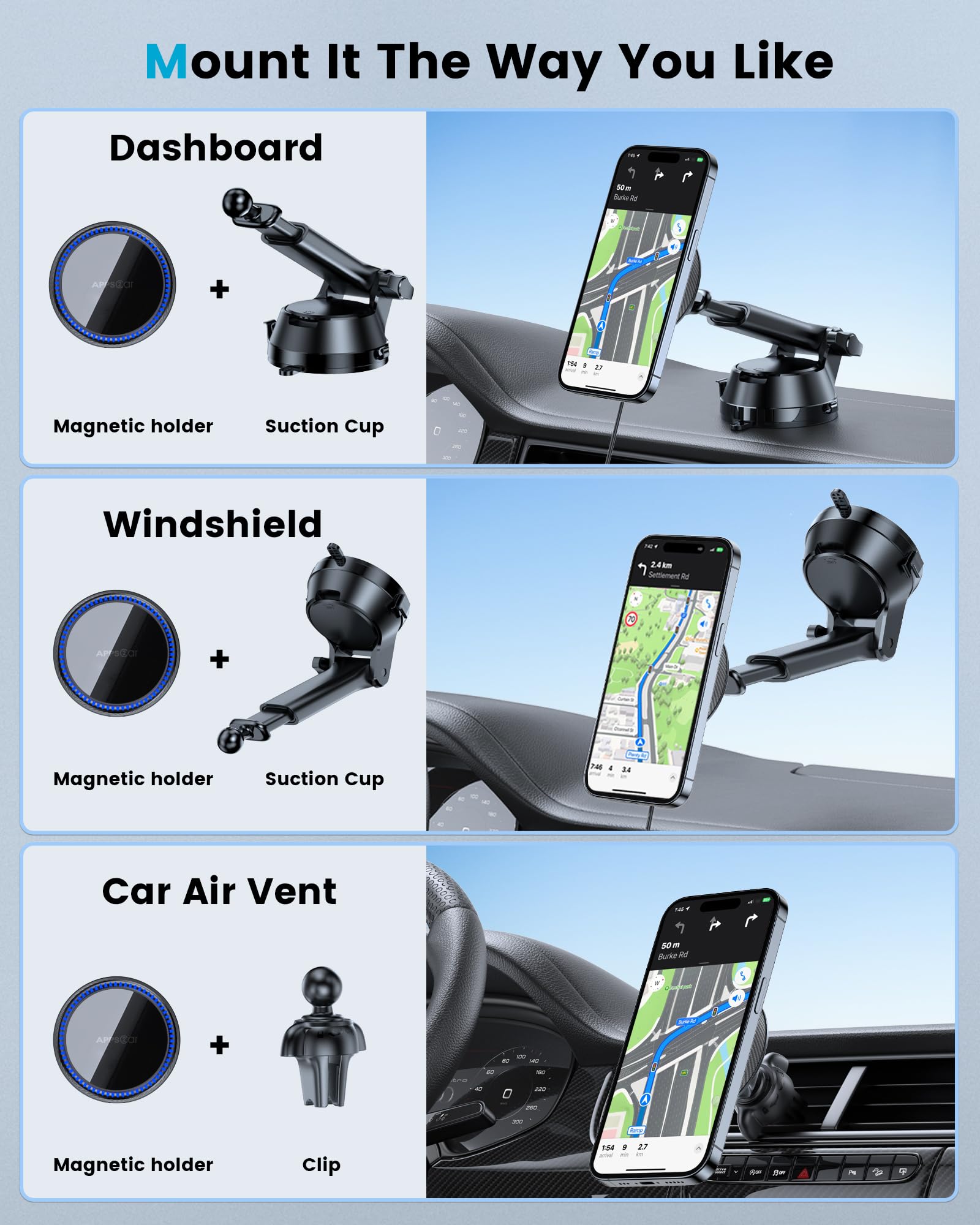 APPS2Car for MagSafe Car Charger Mount, 15W Wireless Car Charger Magnetic Car Phone Holder Mount Charger Dashboard Windshield Vent for iPhone 15/14/13/12 Series, Fast Charging, 17 Strong Magnets