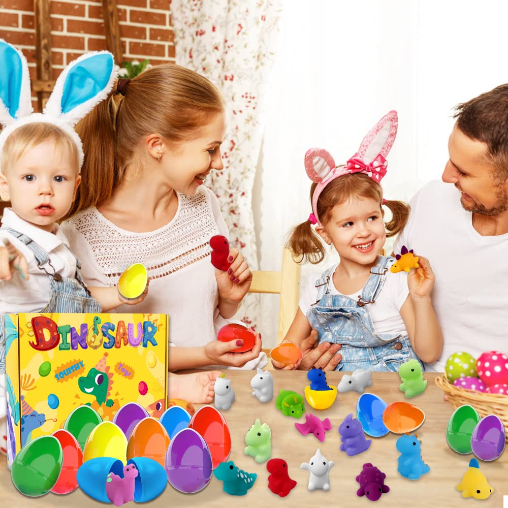 JOICEE 24pcs Dinosaur Squishy Toy Prefilled Easter Eggs, Kawaii Mochi Squishies Stress Relief Toys Filled Plastic Easter Eggs for Easter Basket Stuffers Party Favor Egg Hunt for Kids