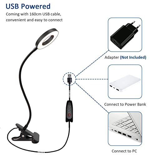 Akynite 48 LED Clip on Desk Light for Home Office, 3 Colors & 10 Brightness, 7W USB LED Ring Light Desk Clamp for Makeup, Gooseneck Desk Clip Lamp, Dimmable Clip on Bed Light for Reading, Black