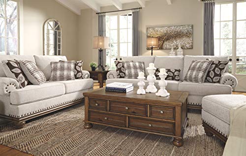 Signature Design by Ashley Harleson Modern Farmhouse Loveseat with Nailhead Trim and 4 Accent Pillows, Beige