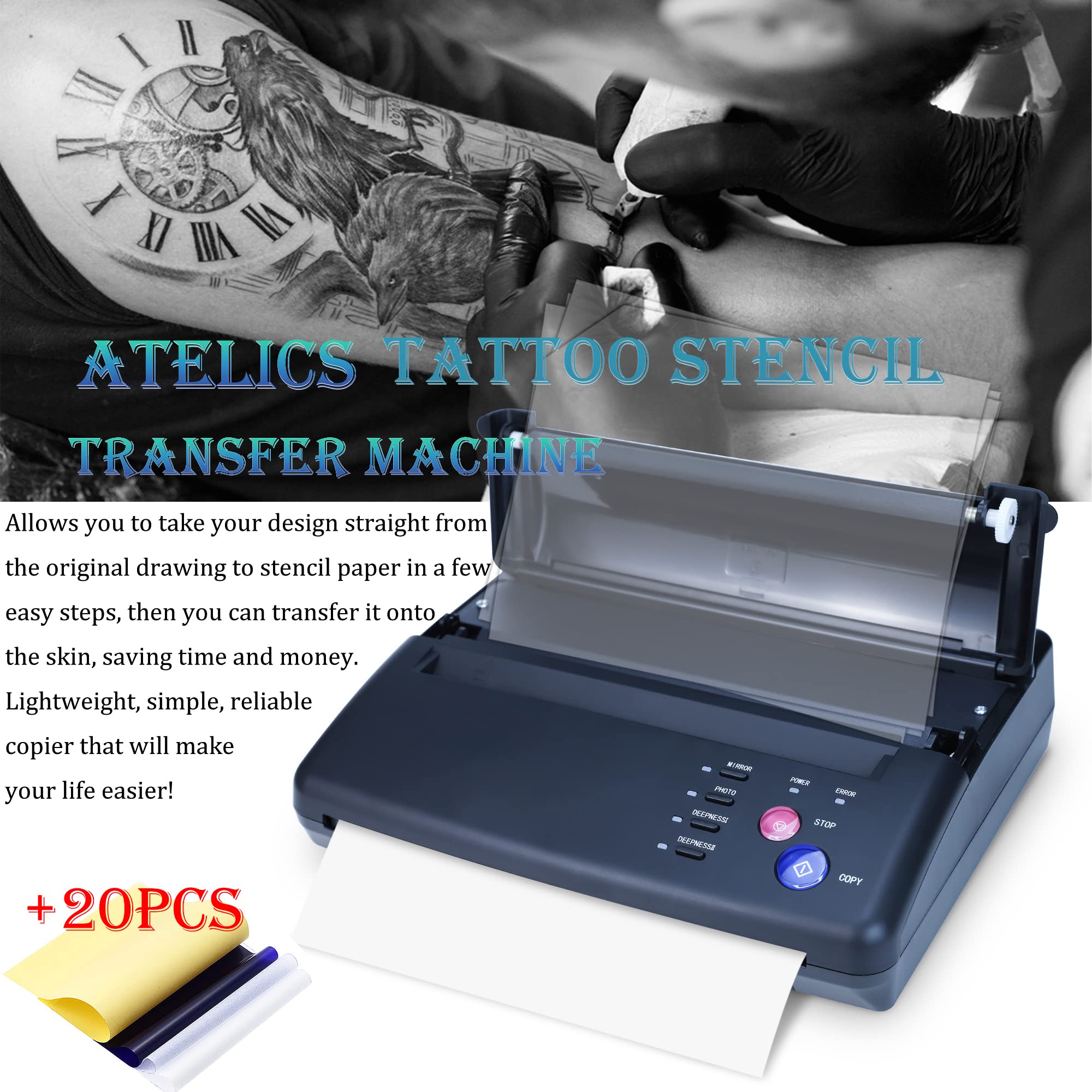 Atelics Tattoo Transfer Stencil Machine Thermal Copier Printer, with 20 Pcs Transfer Paper, Tattoo Stencil Printer Tattoo for Temporary and Permanent Tattoos, Black