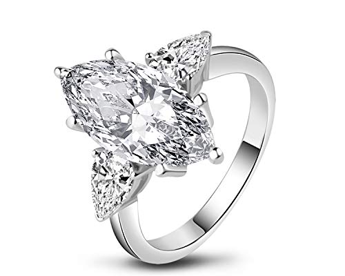AINUOSHI Rhodium Plated 925 Sterling Silver Marquise Solitaire Cubic Zirconia CZ 3-Stone Anniversary Engagement Wedding Ring (6.5)