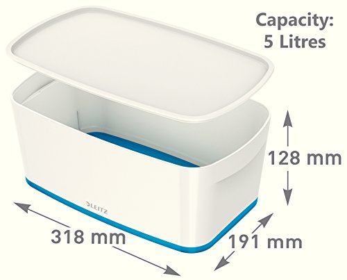 Leitz Small MyBox with Lid, Storage Box for Home and Office, High Gloss Plastic, 5 Litre, A5, White/Blue Metallic