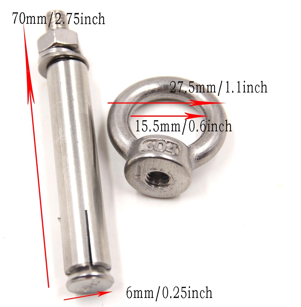 Preamer 1/4" X 2-3/4" Heavy Duty Stainless Steel Concrete Anchors Eye Bolt Eyebolt Anchor Wall Concrete Brick Anchor Expansion Bolts Ring Screw Eyes,5-Pack