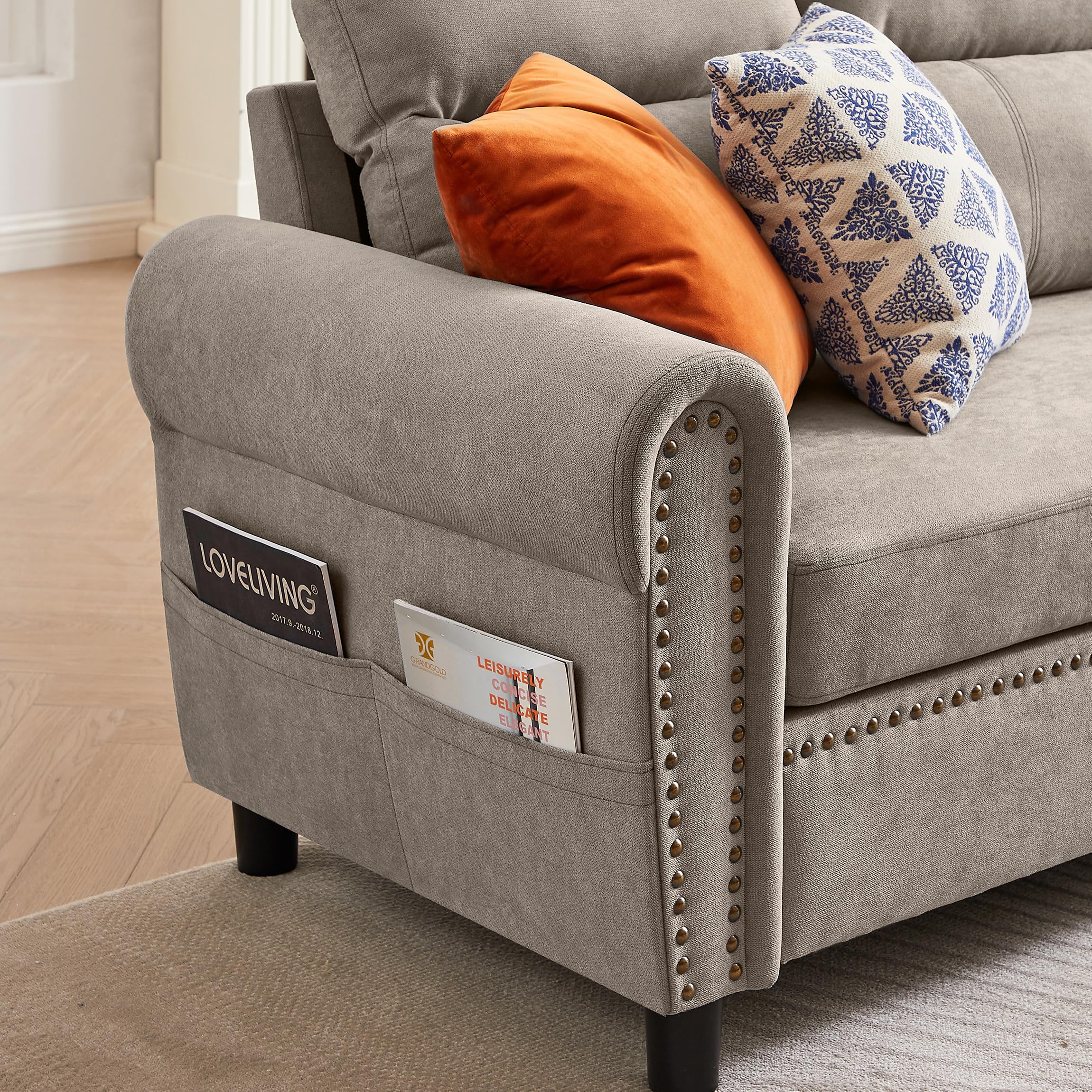 Jarenie 107" Convertible Sectional Sofa, 4-Seat L Shaped Couch with Storage Chaise Lounge and Side Pocket, Modern Linen Fabric Sectional Couches for Living Room(Light Grey)