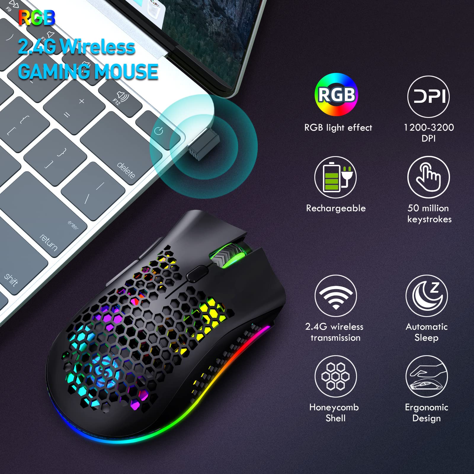 aipasi tech Wireless Lightweight Gaming Mouse, 2.4G Wireless Rechargeable Computer Mouse with Honeycomb Shell, USB Receiver, Adjustable DPI, Ergonomic RGB Gamer Mice for PC Mac Gamer(Black)