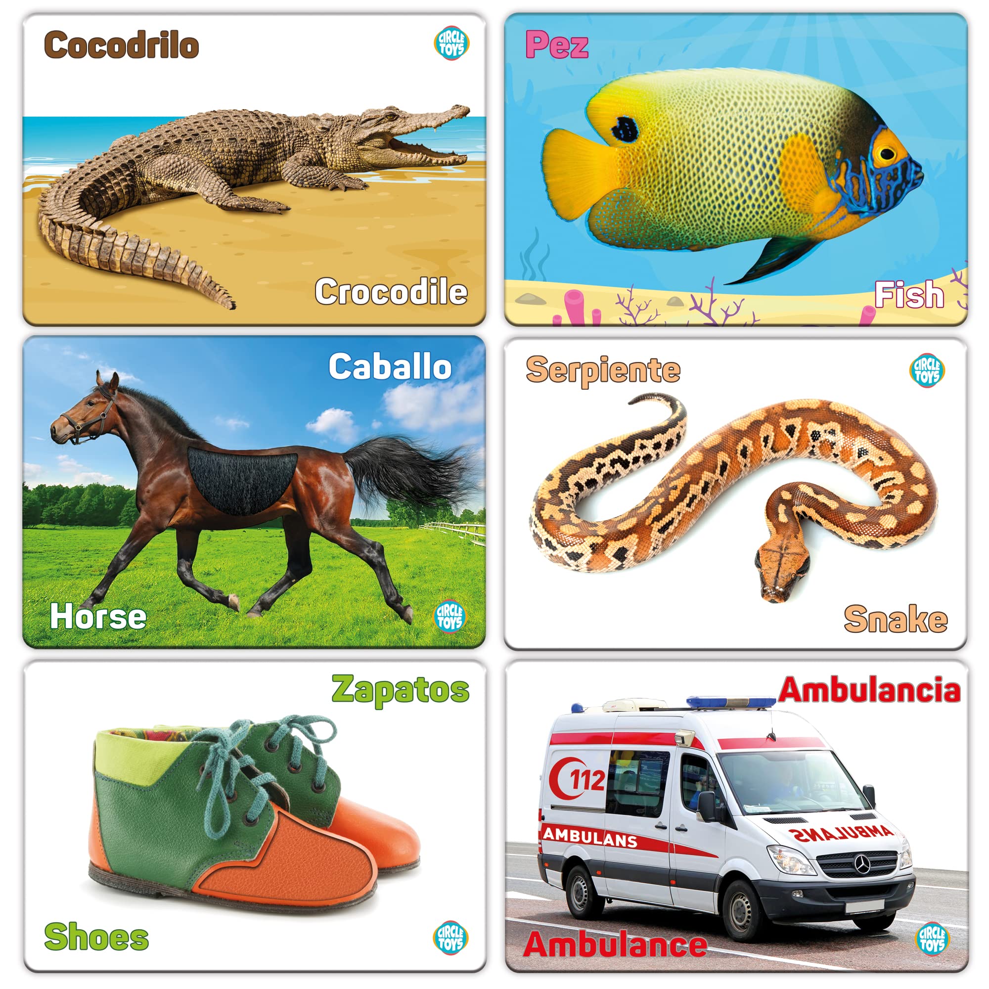 My Touch and Feel English Spanish Bilingual Picture Double Sided Sensory Flash Cards for Infant, Toddlers, Kids, Learn Animals, Fruits, Objects and Vehicles, Fun Learning and Educational Flashcards