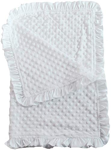 Snuggle Stuffs White Minky Dot & Satin Ruffle Newborn Baby Christening Baptism Blanket - Small 30" x 40"