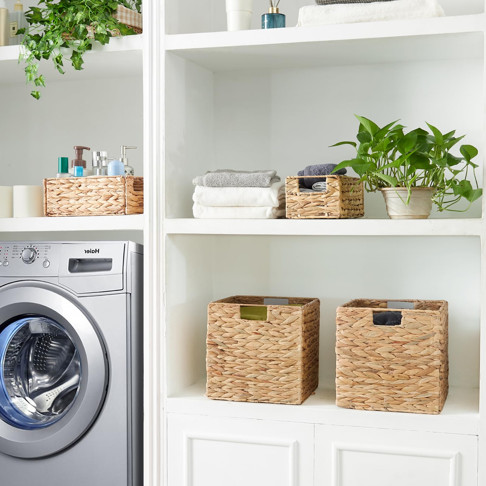 Vagusicc Storage Basket, Set of 2 Handwoven Water Hyacinth Storage Baskets, Foldable Wicker Storage Basket 9 Inch Cube Storage Bin for Shelves Laundry Organizer Square Shelf Baskets, 9''x9''x9''