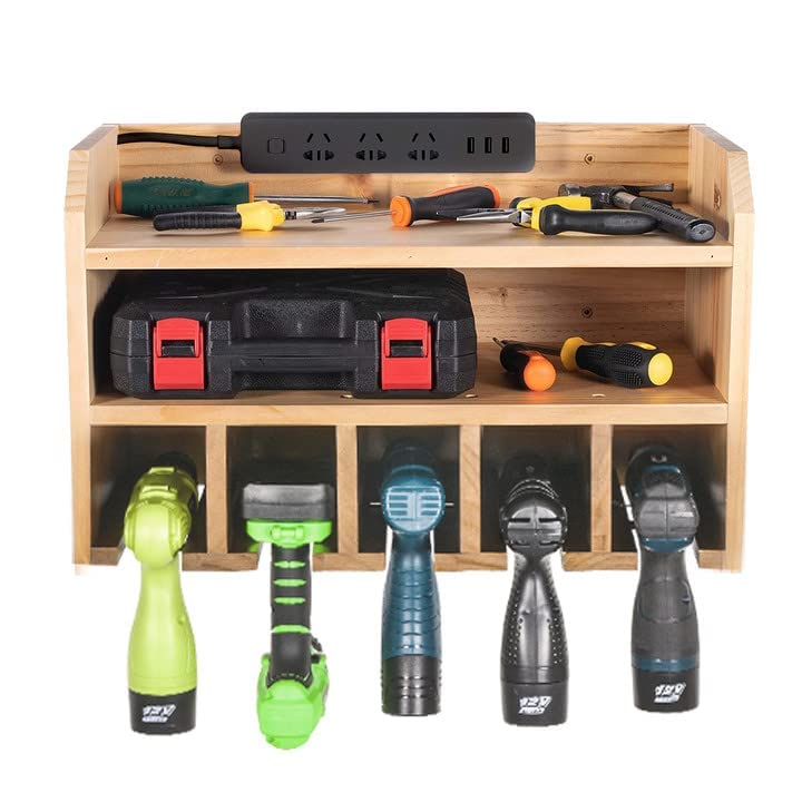 Baoz Wooden Power Tools Organizer Cabinets 5 Hanging Slots Drill Charging Station Wall Mounted Garage Tool Holder Cordless Drills Storage Shelf Rack for Circular Saw, Screwdriver Drill Impact Wrench